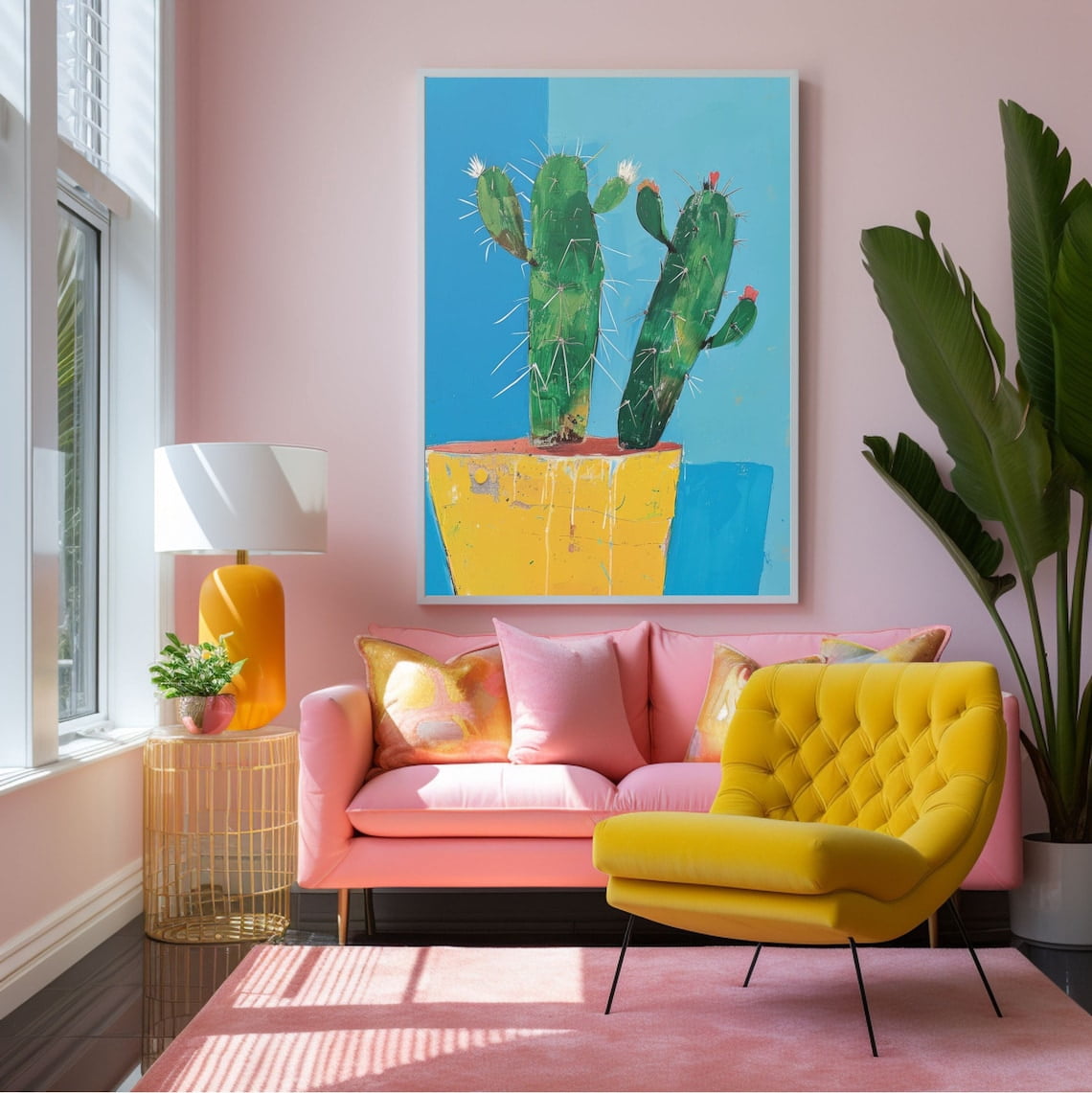 Cute Cactus Wall Art Yellow Green and Blue Illustration, Unframed ...