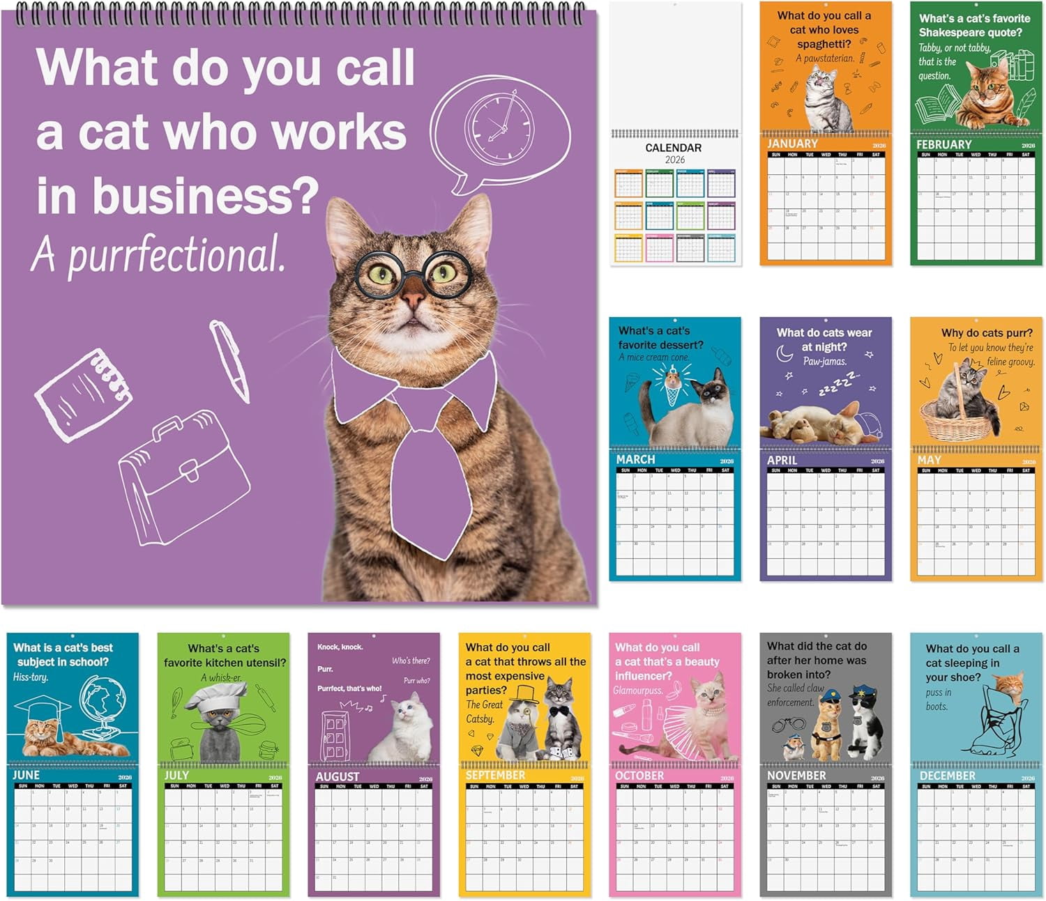 Cute Calendar 2026 - Funny Cats Joke Pun Wall Calendar, 12 Months ...