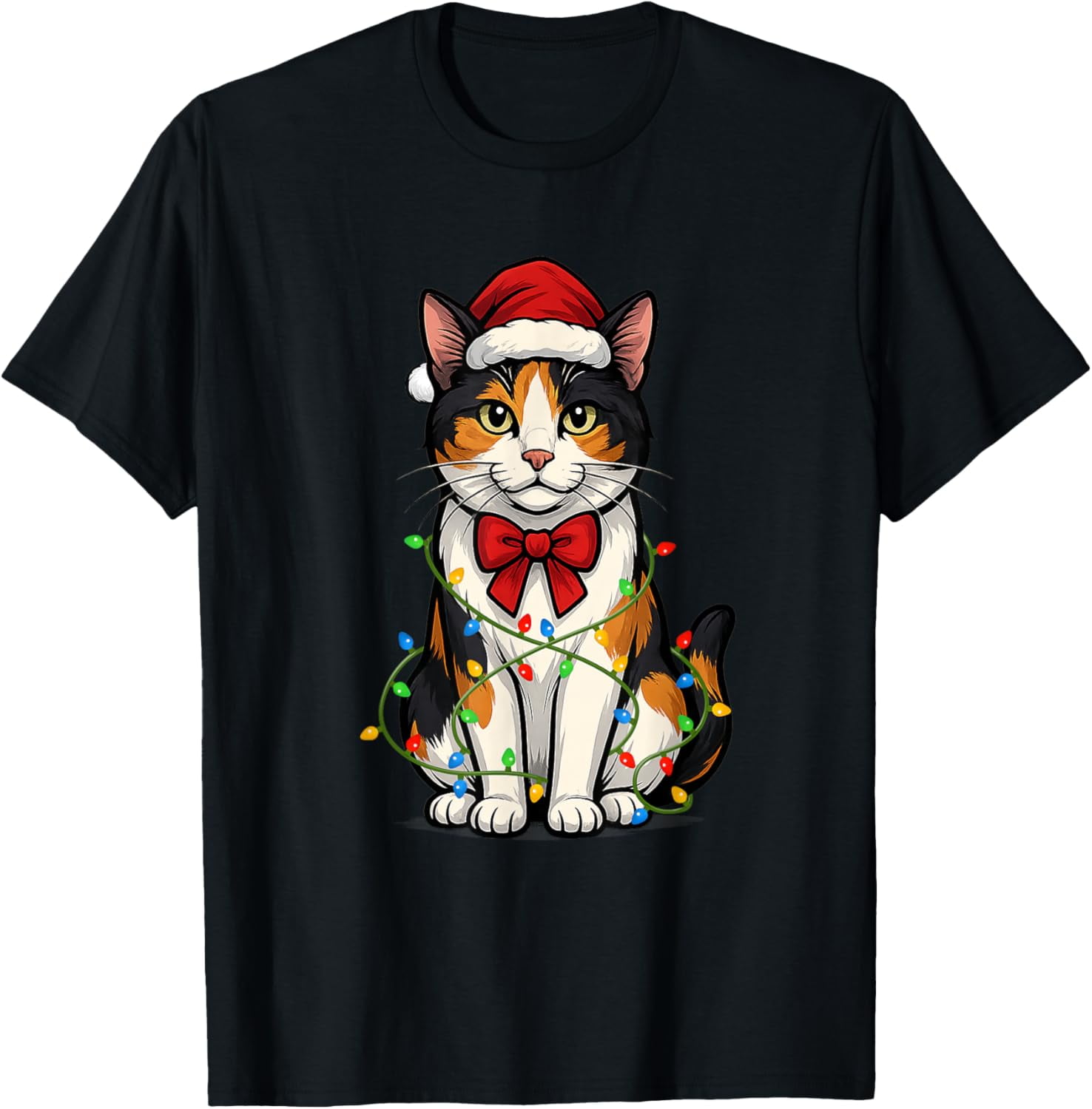 Cute Calico Cat Christmas Light Santa Hat Funny Cats Lover T-Shirt ...