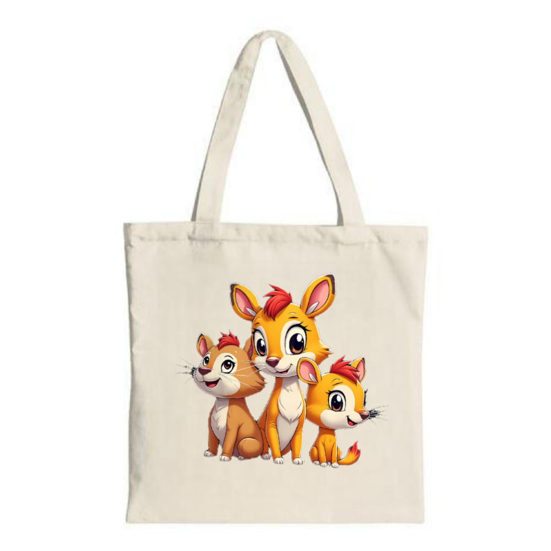 Cute Canvas Tote Bag featuring three friendly animated animals: two ...