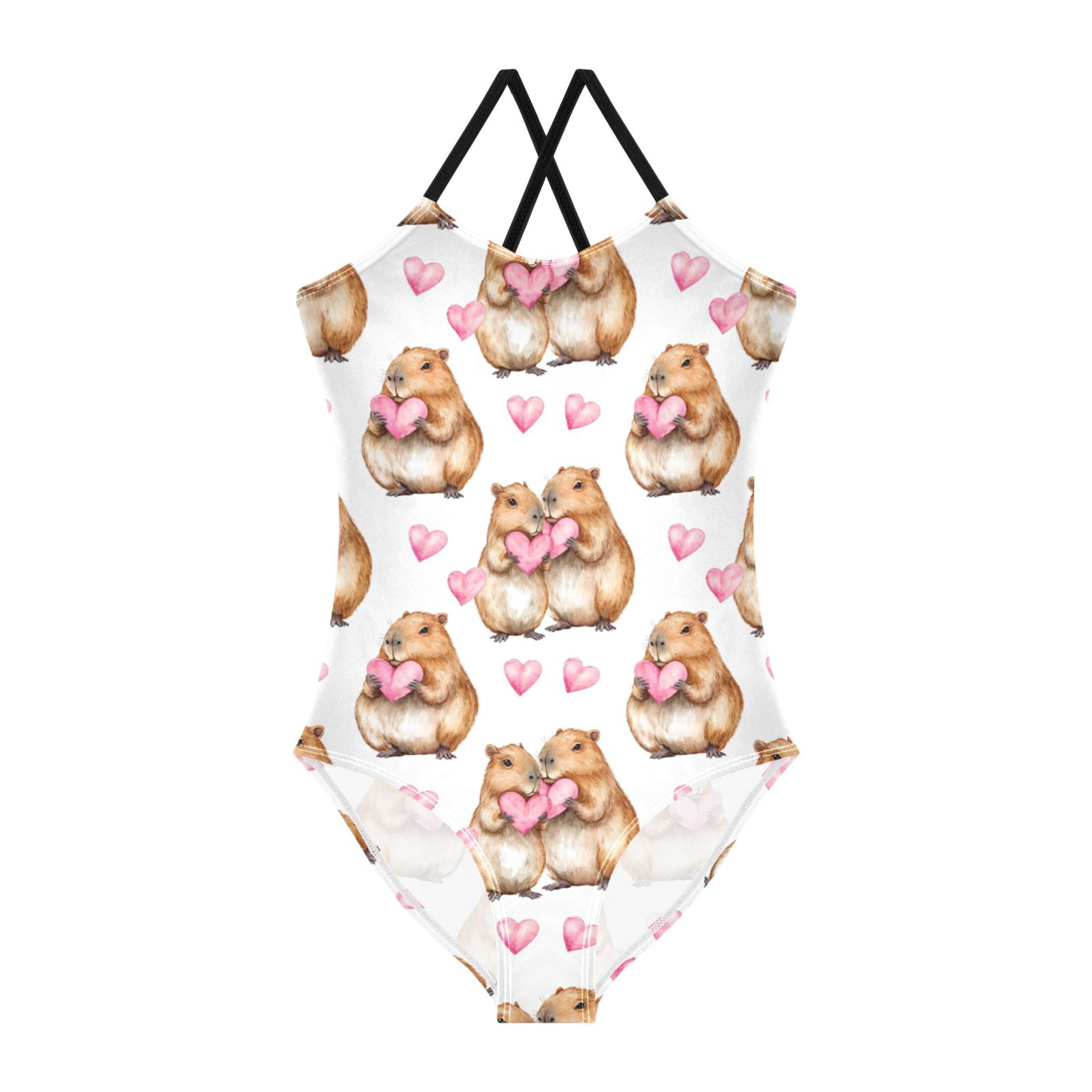 Cute Capibara Pattern Girls' One-Piece Swimwear 3T-10T Soft Stretchy ...