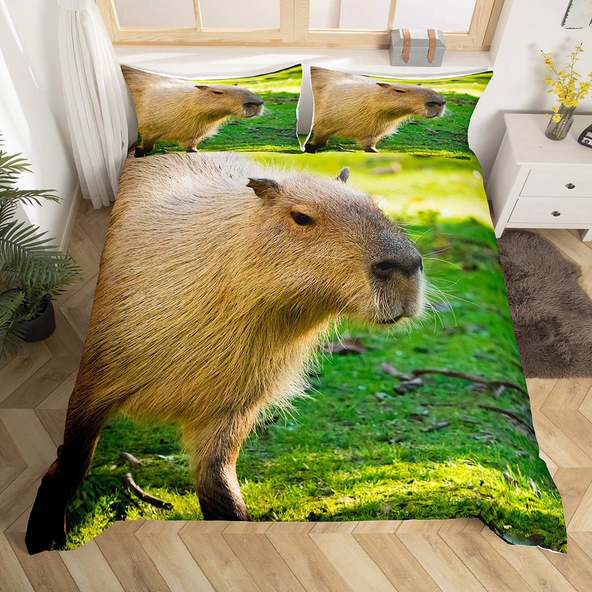 Cute Capyabra Duvet Cover Twin Size Funny Capybaras on Grass Comforter ...