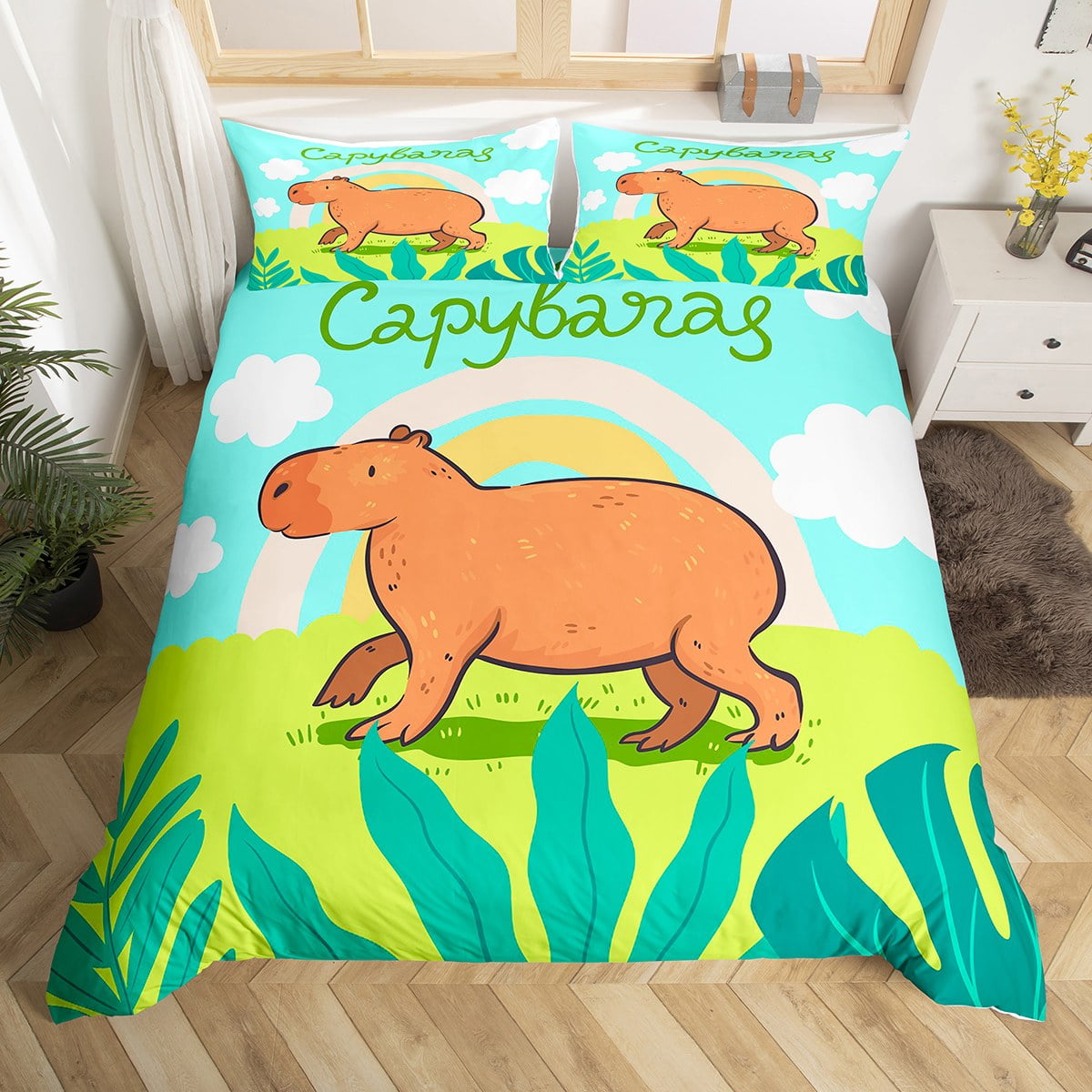 Cute Capybara Bedding Set Queen Size Rainbow Duvet Cover 3 Piece Kawaii ...