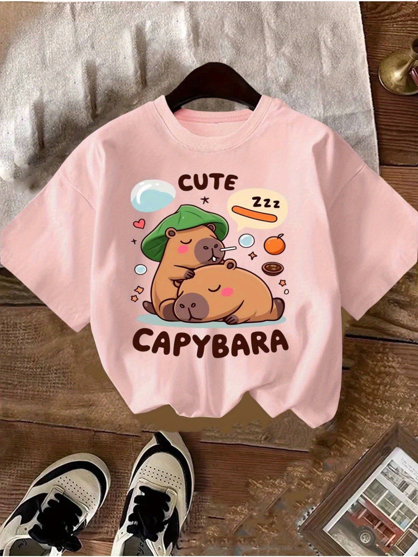 Cute Capybara Cartoon Graphic T-Shirt, Black Knit Fabric Crew Neck ...