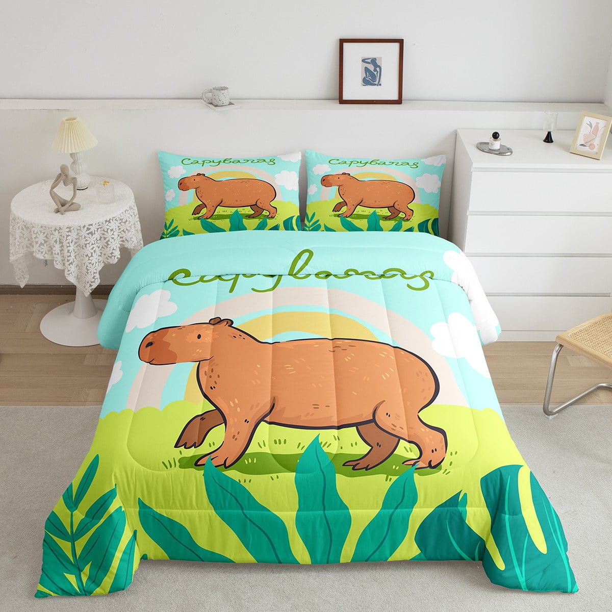Cute Capybara Comforter Set Full Size Rainbow Bedding 3 Piece Kawaii ...