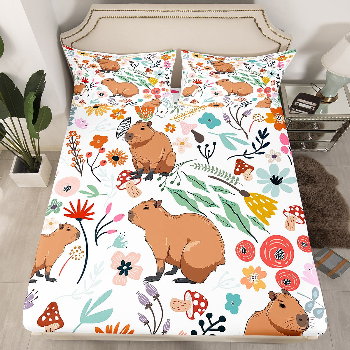 Cute Capybara Full Bed Sheets ,Mushroom Floral Sheets Cartoon Animal ...