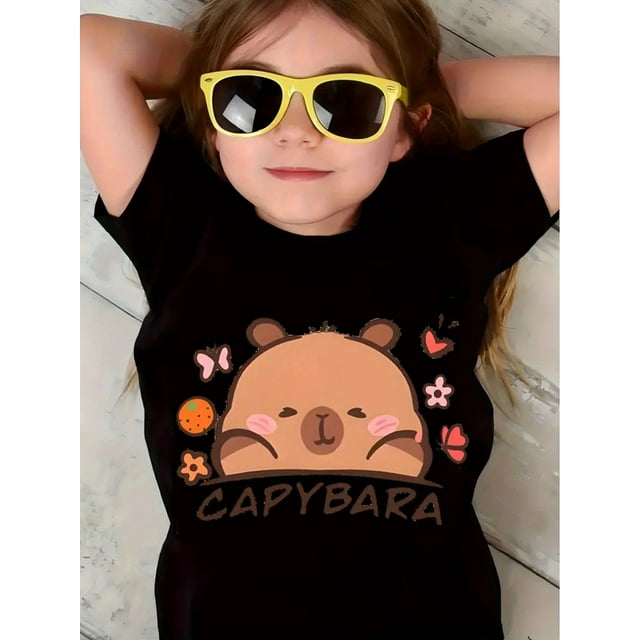 Cute Capybara Graphic T-Shirt for Kids - Playful Cartoon Print Short ...