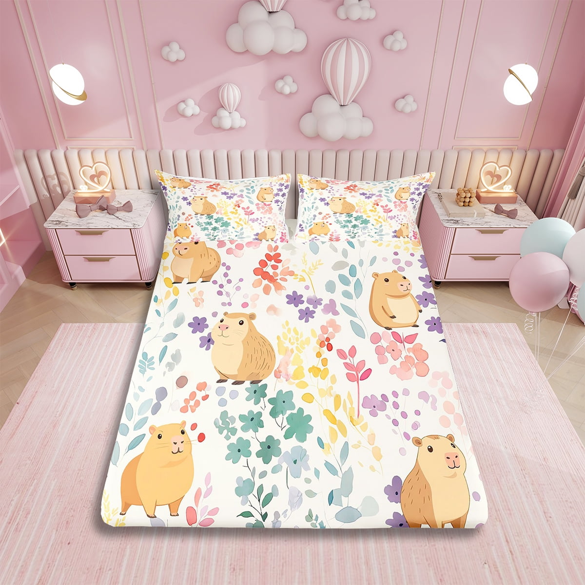 Cute Capybara King Bed Sheets Set,Colorful Flower Capybara Kawaii ...