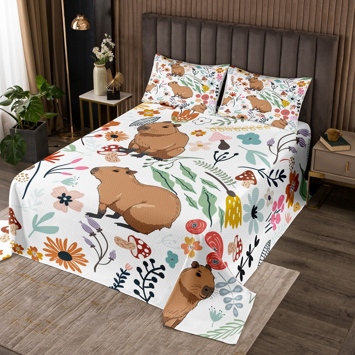 Cute Capybara King Bedspread Set,Mushroom Floral Coverlet Set Cartoon ...