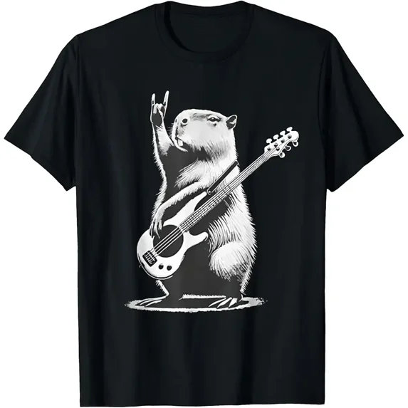 Cute Capybara Playing Bass Guitar Rock Music Unisex Graphic T-Shirt ...