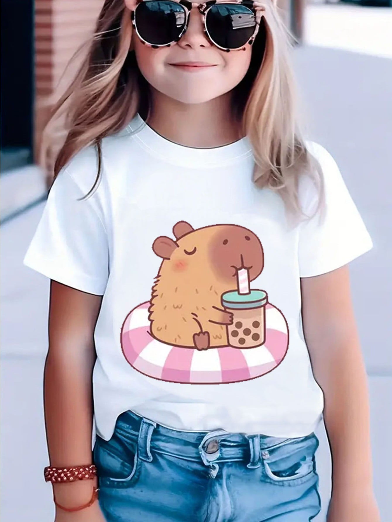 Cute Capybara in Pool Float Drinking Bubble Tea Graphic T-Shirt - Black & White, Short Sleeve ...