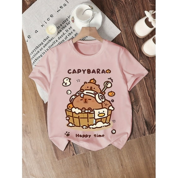 Cute Capybara Print Creative T-Shirt for Girls, Featuring a Soft And ...