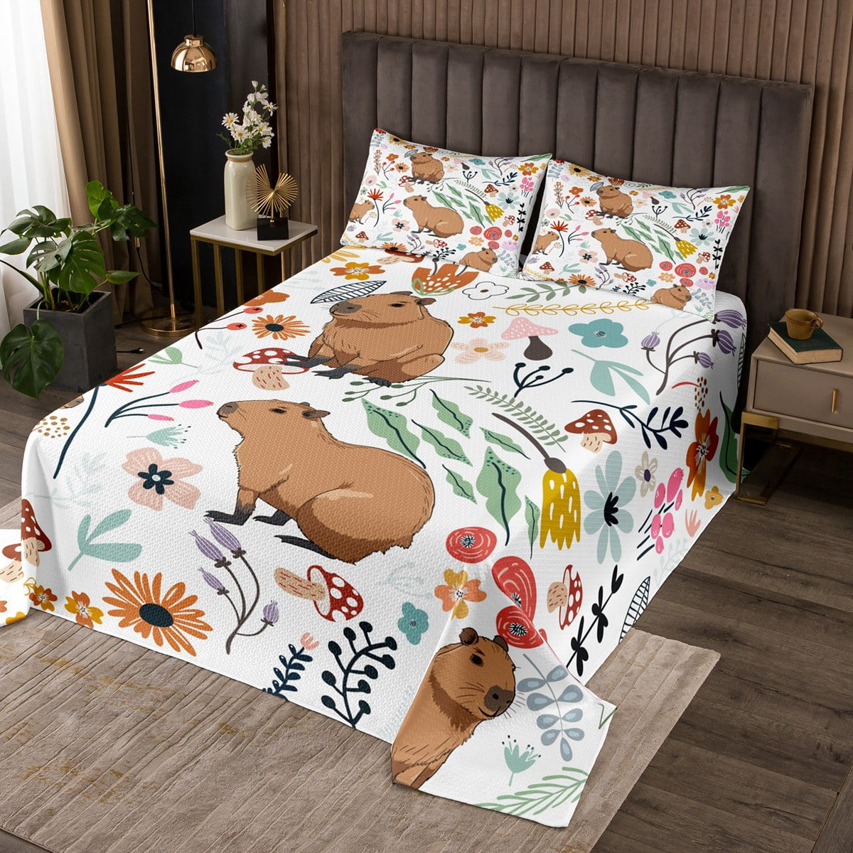 Cute Capybara Quilt Set Mushroom Floral Queen Bedspread Set,Cartoon ...