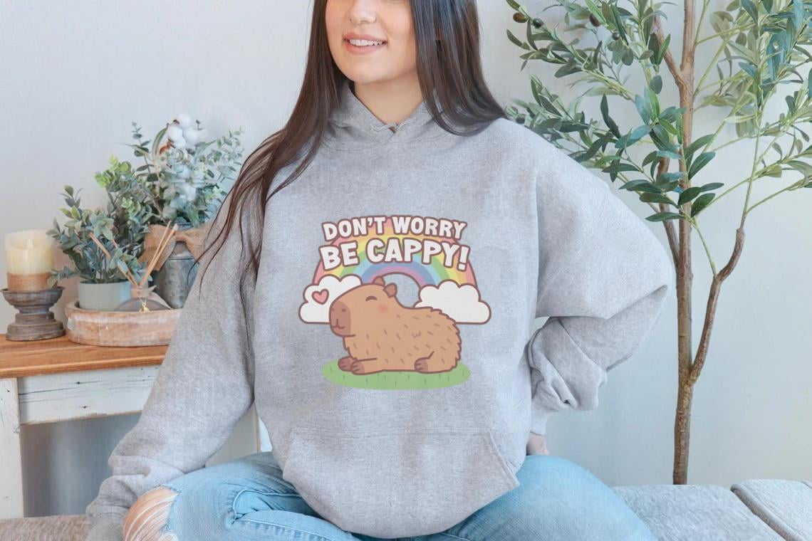 Cute Capybara Rainbow Hoodie Don’t Worry Be Cappy Meme Art, for men ...