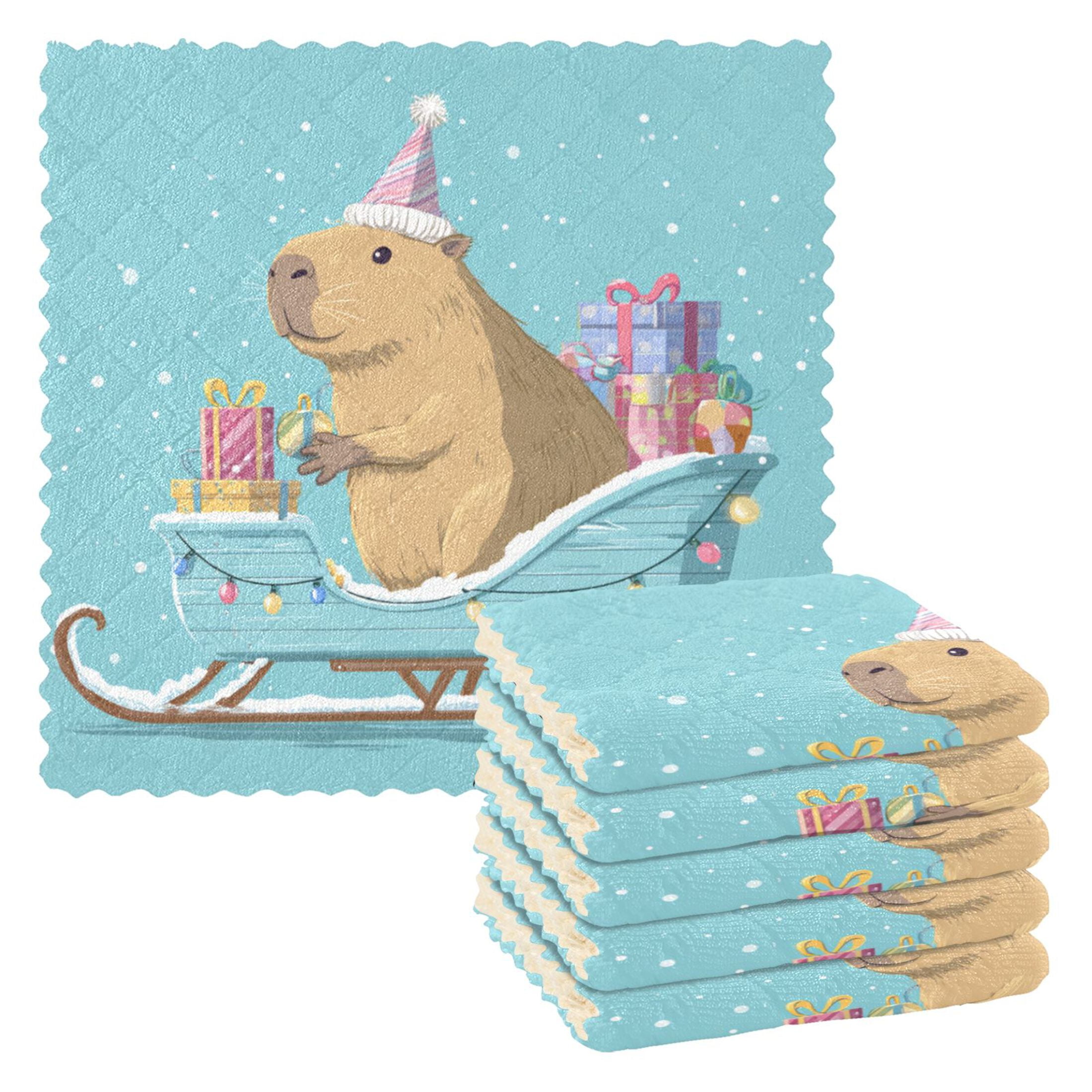 Cute Capybara Rides Sleigh with Christmas Gifts Dish Cloths Dish Towels ...