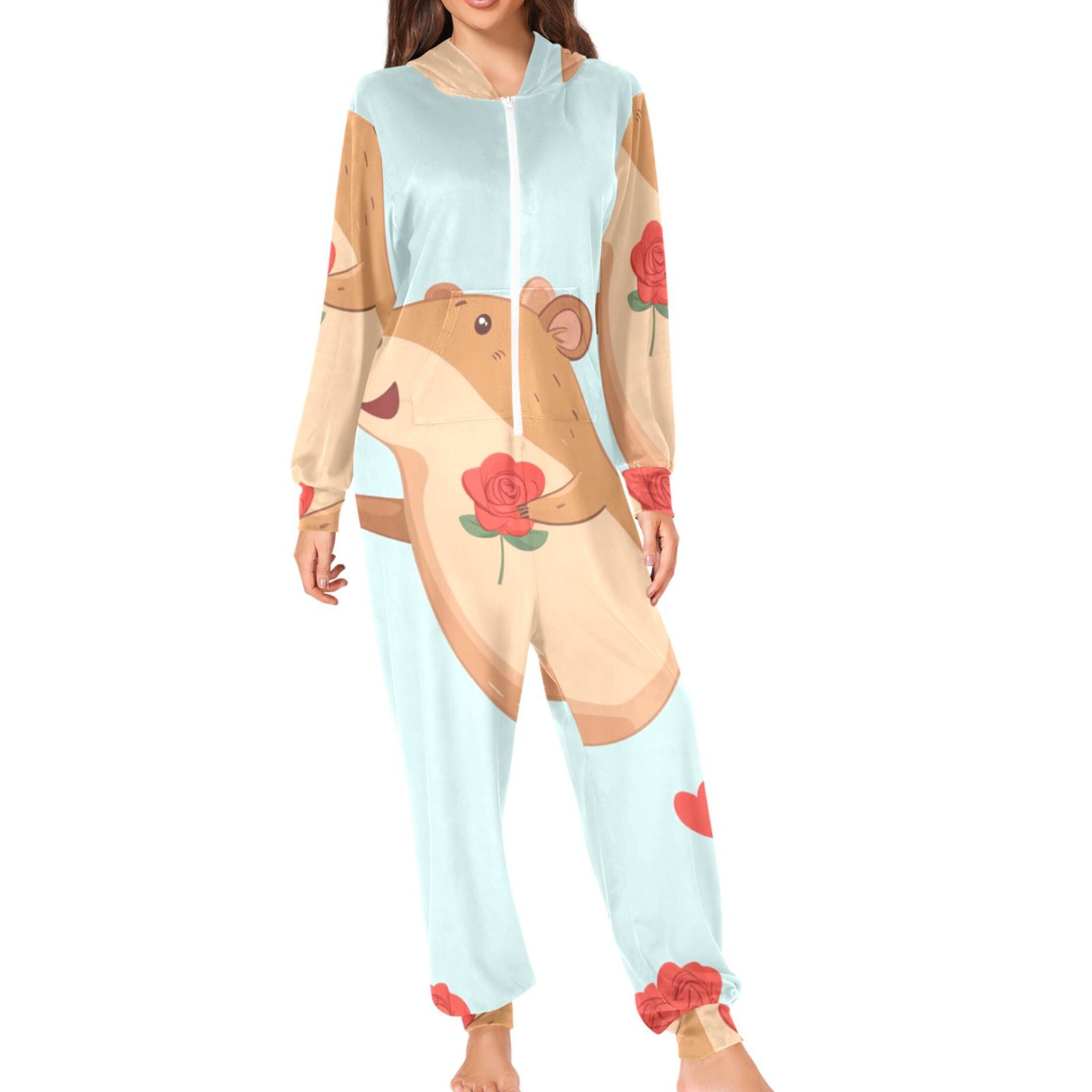 Cute Capybara Roses Hearts Valentine Adult's Hoodie Onesie Jumpsuit One ...