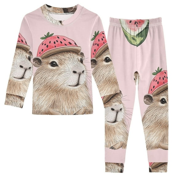 Cute Capybara and Watermelon Cotton Pajama Set Long Sleeve Top and ...