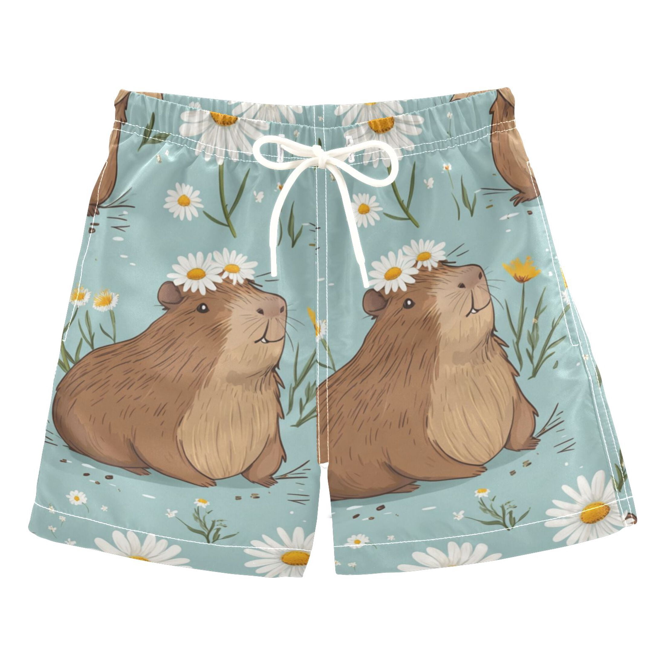 Cute Capybara with Daisies Garlands Boys' Swim Trunks Board Shorts ...