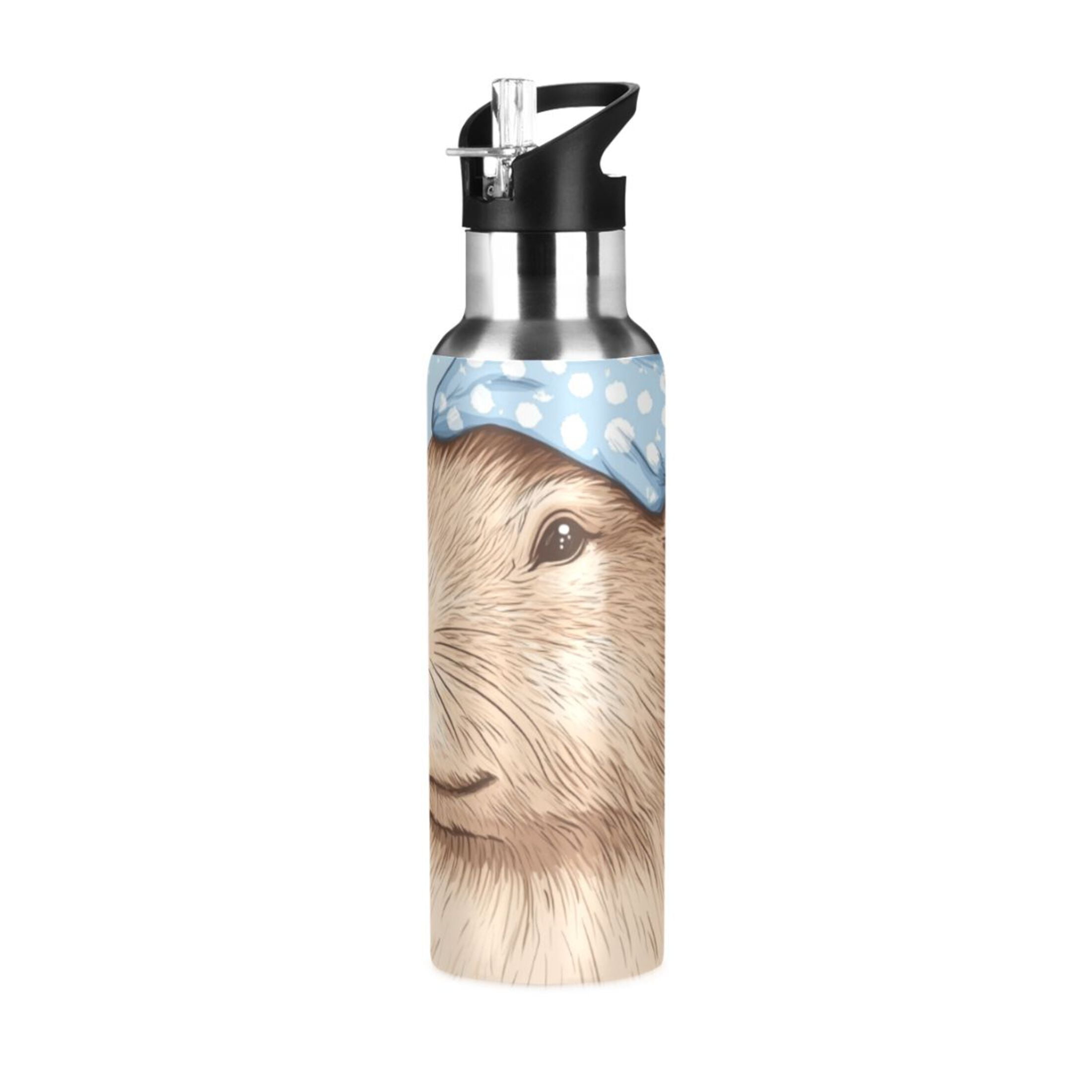 Cute Capybara with Nightcap Sports Bottle with Straw Stainless Steel ...