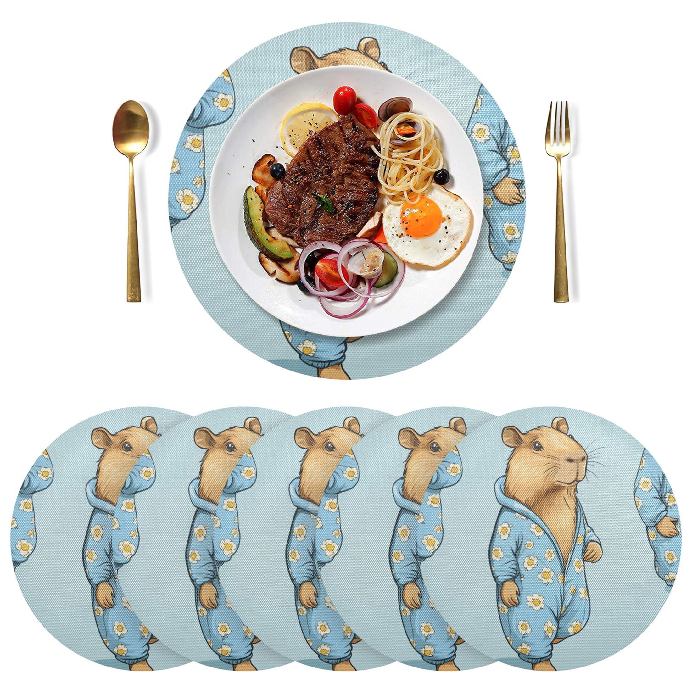 Cute Capybaras Wearing Pajamas PVC Round Grid Placemat Table Mat Set 6 ...