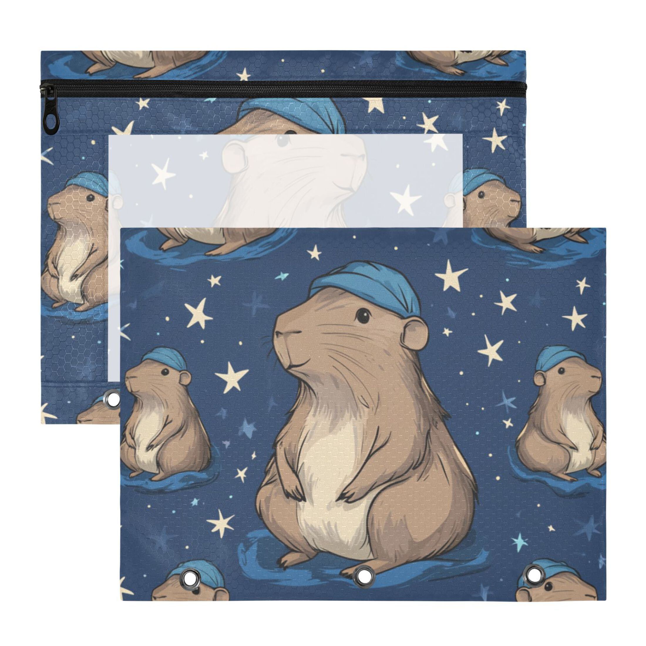 Cute Capybaras with Nightcap Stars 3-Ring Binder Pouches A4 Size Zipper ...