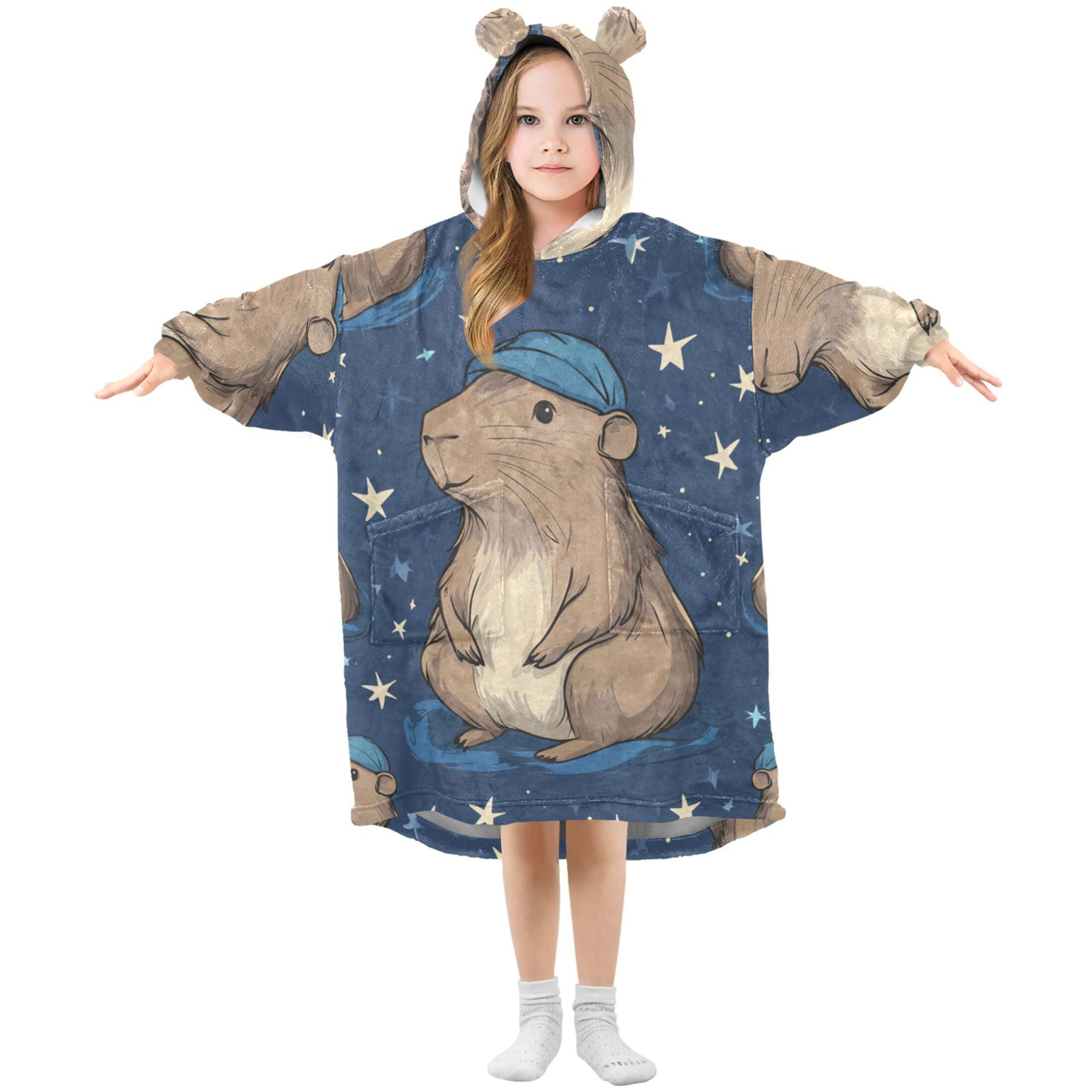 Cute Capybaras with Nightcap Stars Flannel Wearable Blankets Hooded ...