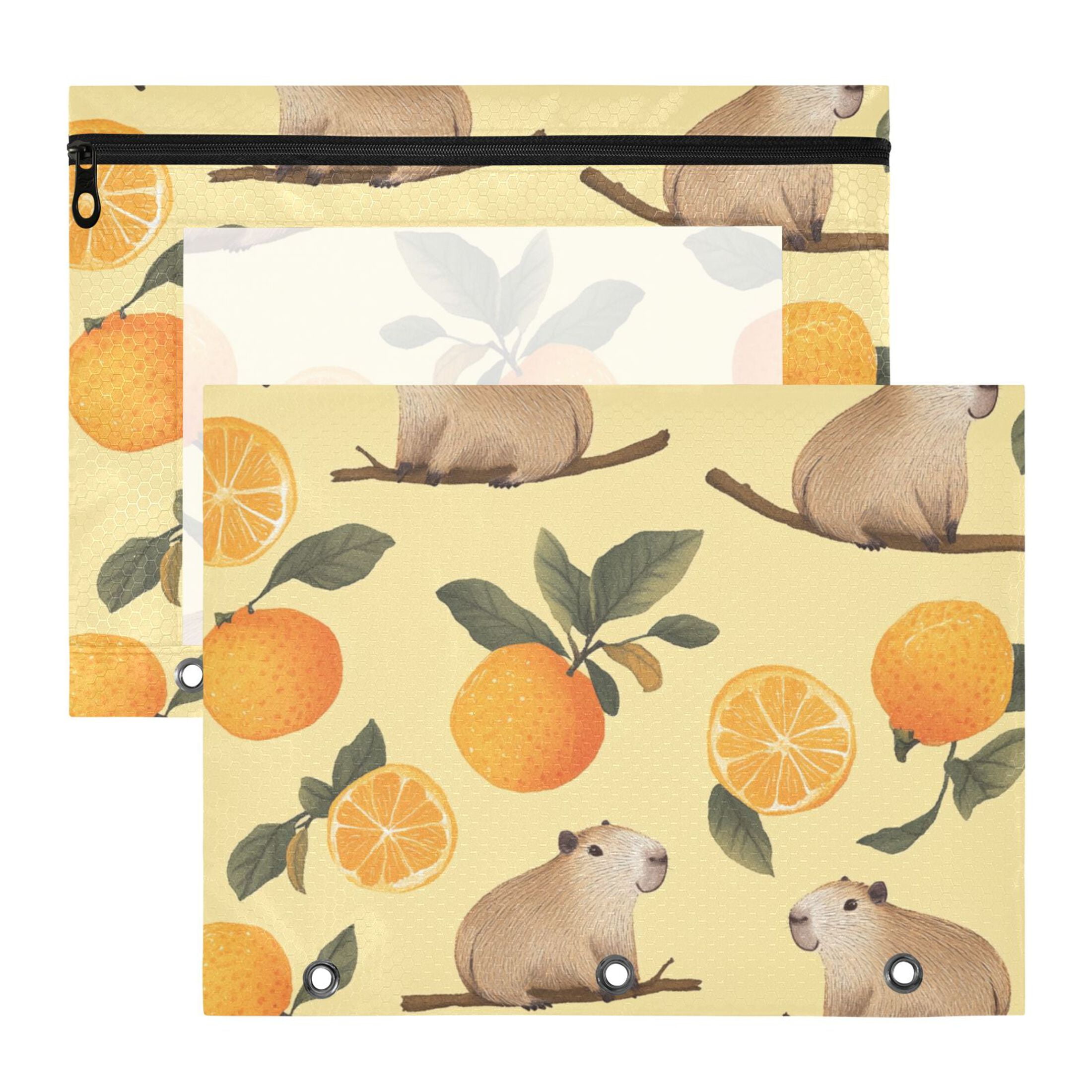 Cute Capybaras with Oranges Leaves 3-Ring Binder Pouches A4 Size Zipper ...