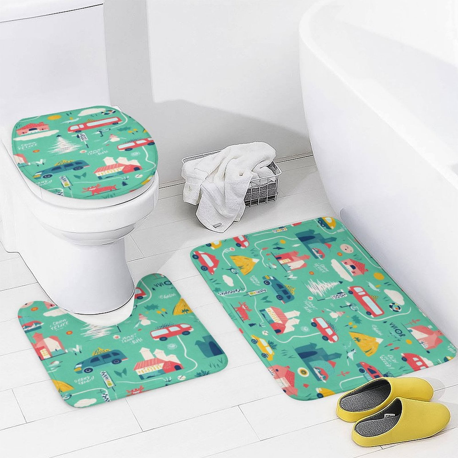 Cute Car And House Pattern Bathroom Mats Sets 3 Piece, Bath Mat Earth ...