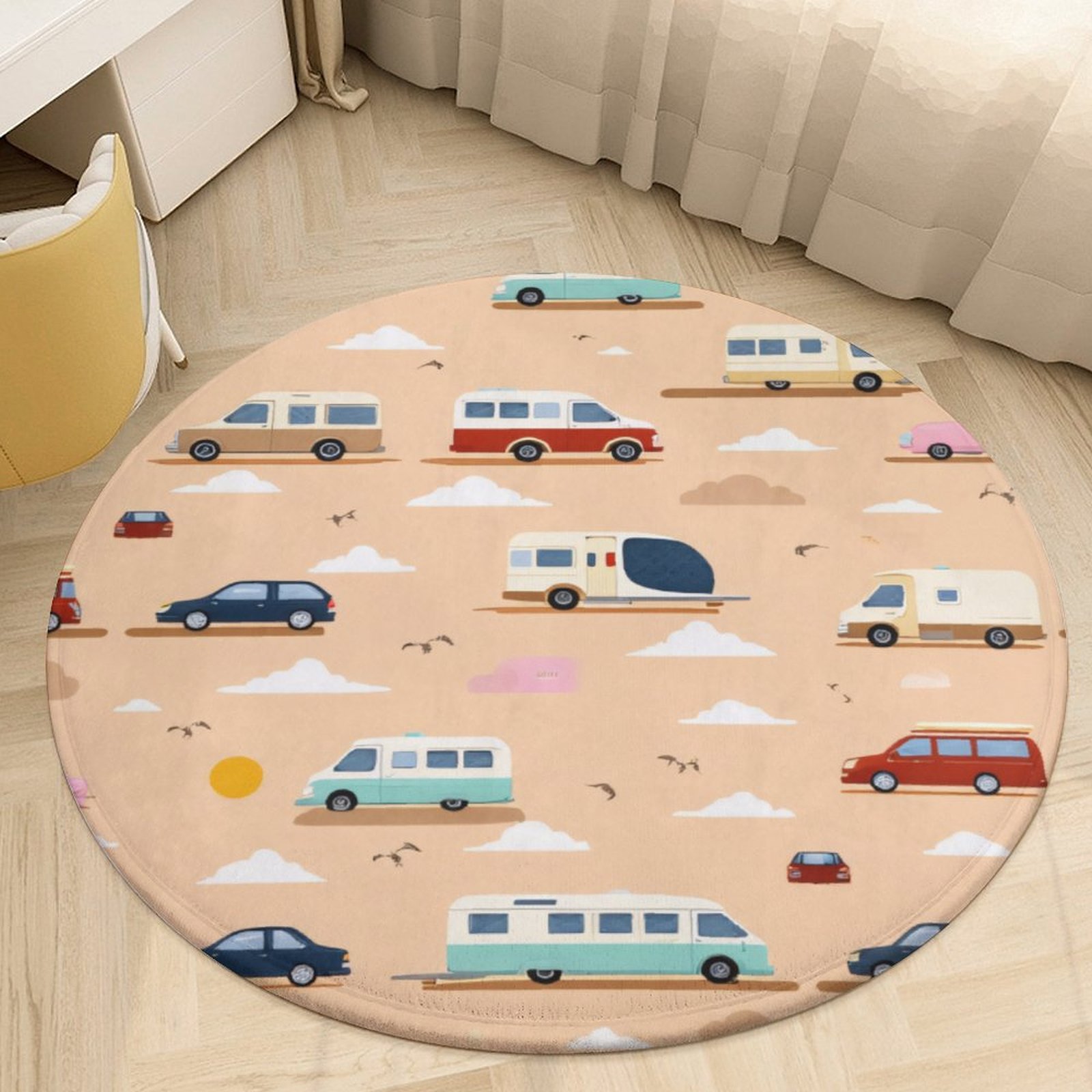 Cute Car Pattern on Peach Background Round Area Rugs for Bedroom Living ...