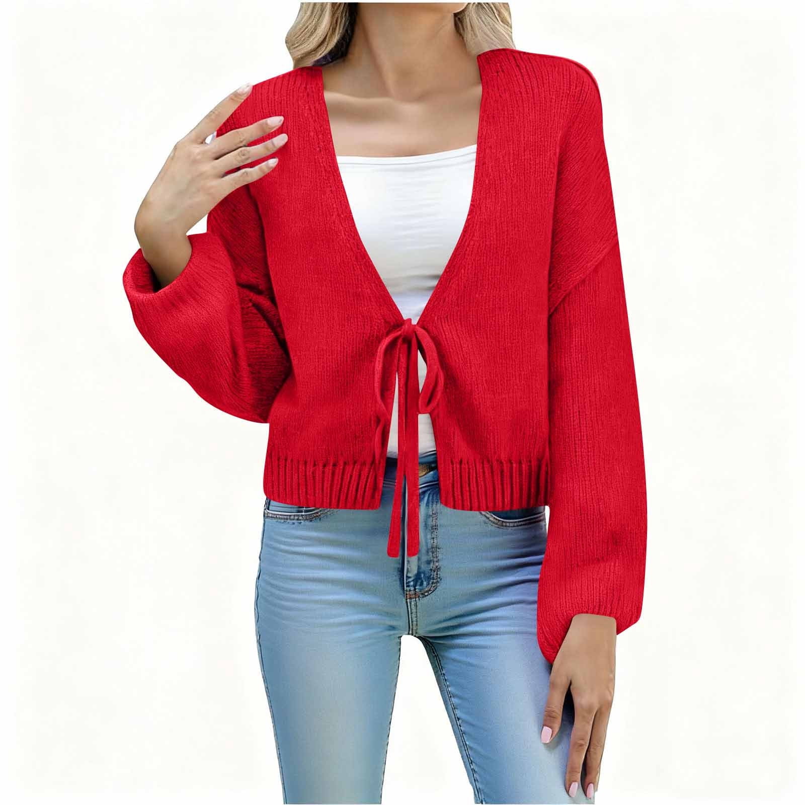 Cute Cardigan Sweaters for Women Tie Front Bow Long Sleeve Casual V ...