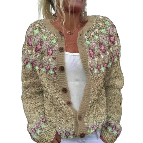 Cute Cardigans Women Ethnic Style Jacquard Button Up Long Sleee Knitted ...