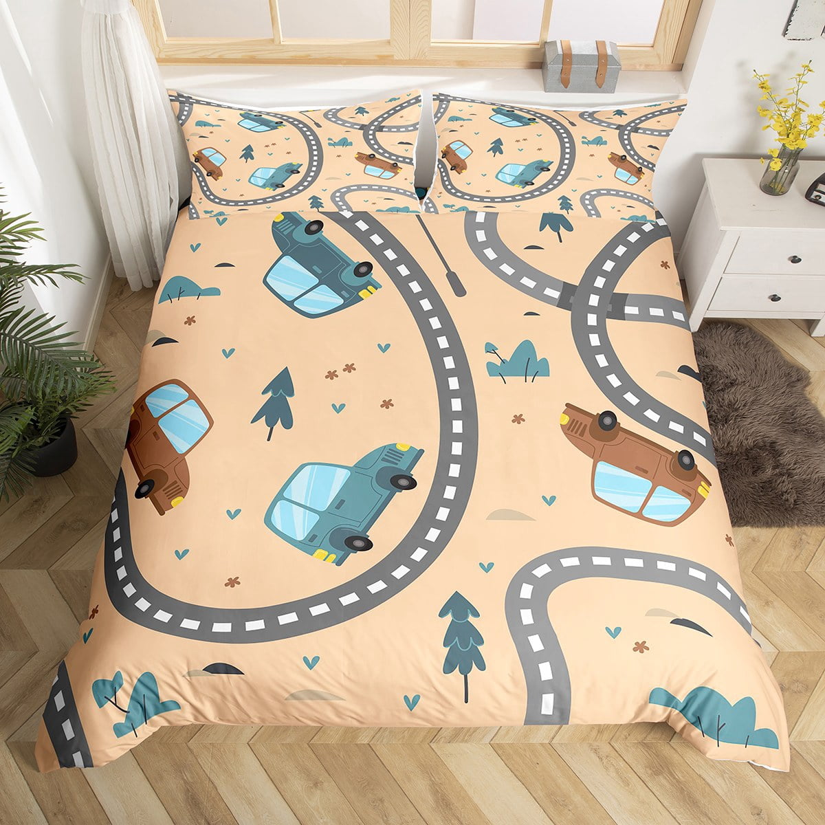 Cute Cars Duvet Cover Twin, Cartoon Road Bedding Set, Hand Drawn Beige ...