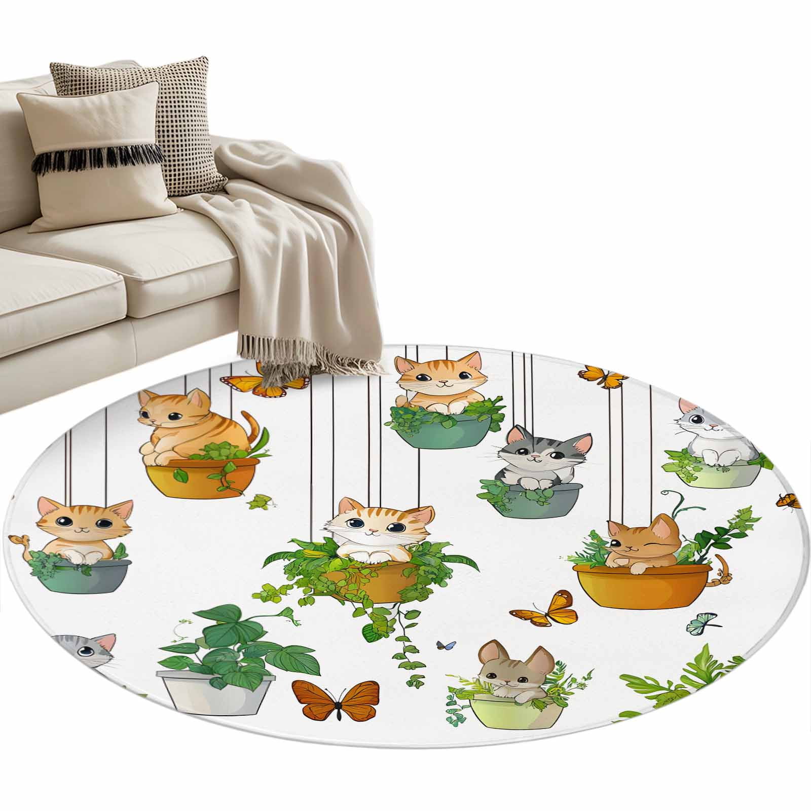 Cute Cartoon 3ft Area Rug, Cat Butterfly Spring Floral Botanical ...