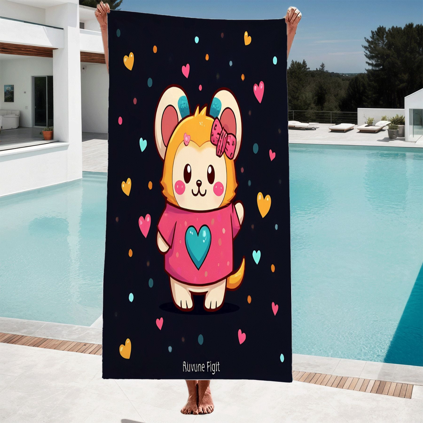 Cute Cartoon Animal Beach Towel - Character with Bow Colorful Hearts ...