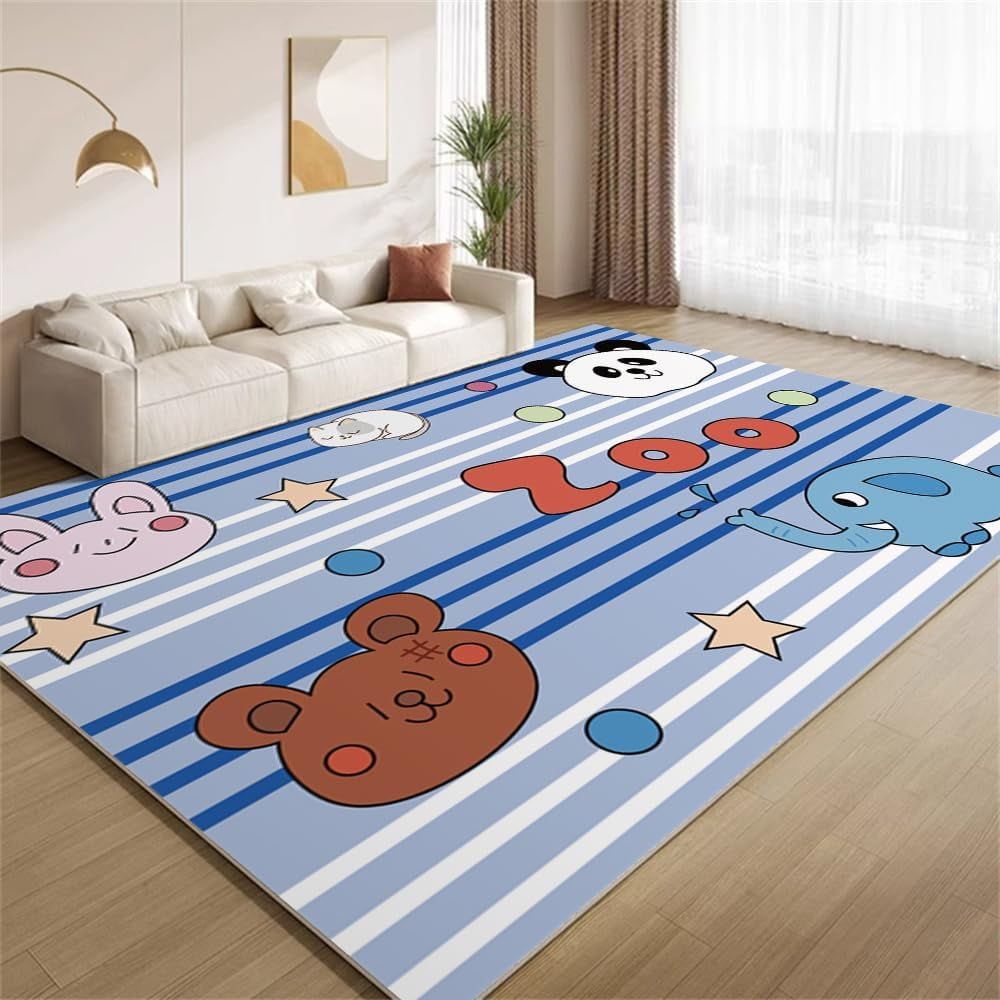 Cute Cartoon Animals Rug 4x6ft Area Rugs Blue White Stripes Rugs Soft ...