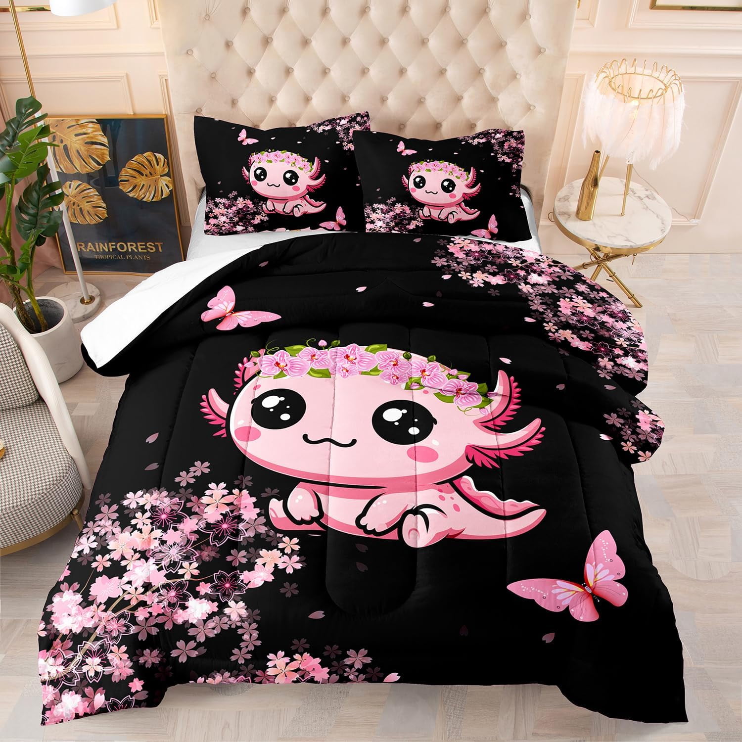 Cute Cartoon Axolotl Kids Comforter Set, Queen Floral Axolotl Bedding ...