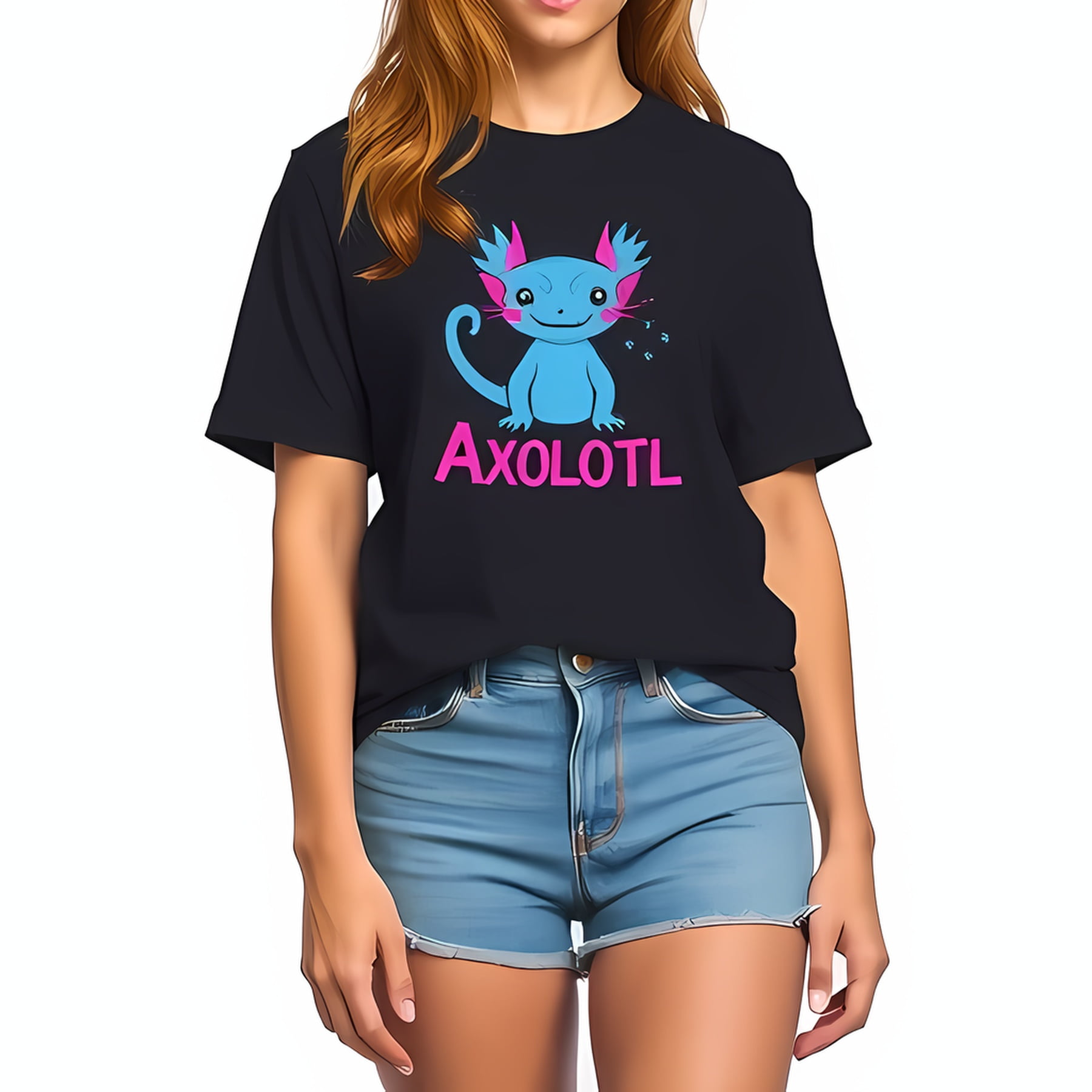 Cute Cartoon Axolotl T-Shirt for Women - Light Blue Axolotl Design with ...