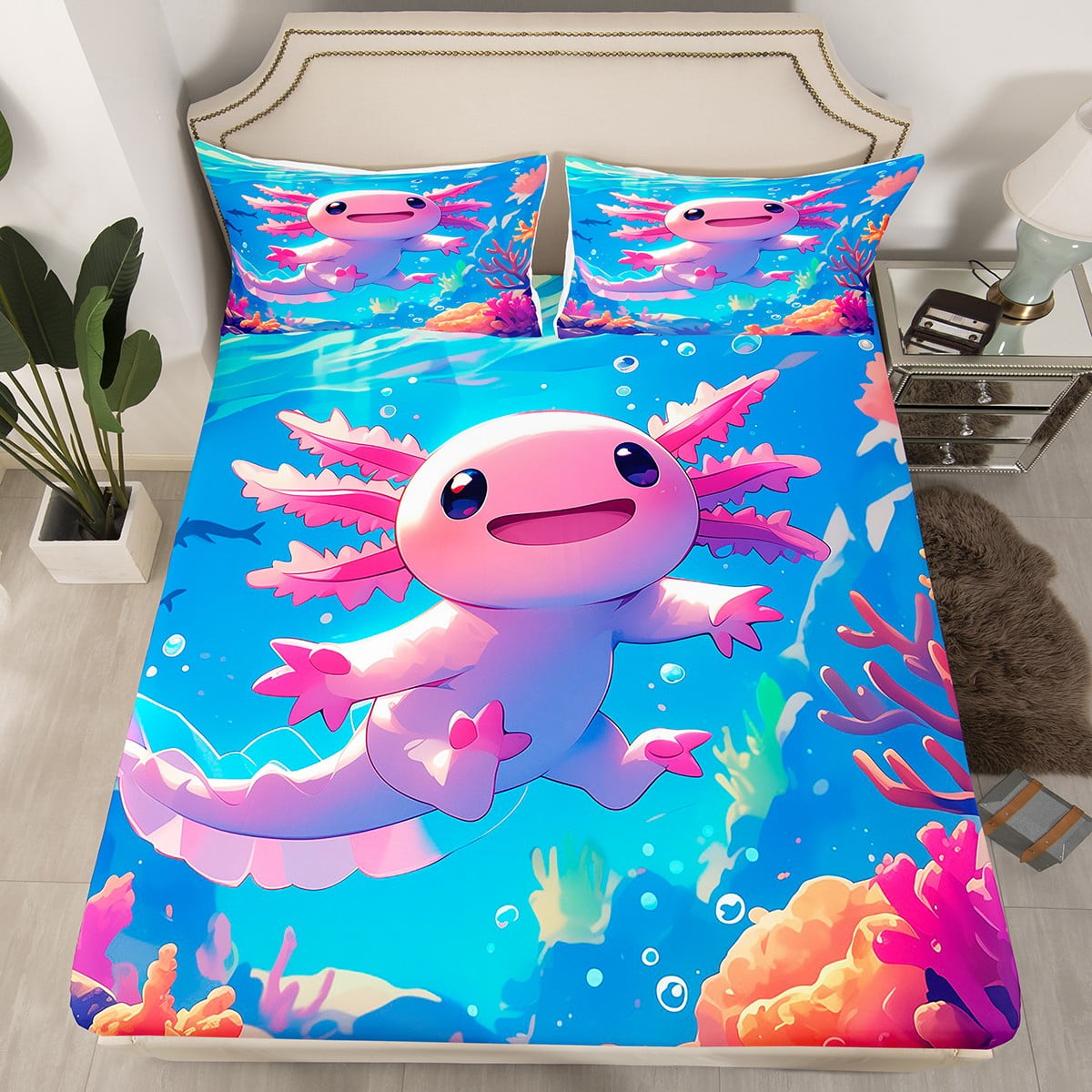 Cute Cartoon Axolotl Twin Fitted Sheet Pink Kawaii Axolotl Bedding Set ...