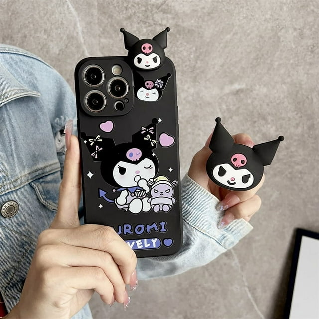 Cute Cartoon Back Protect Case Sanrio Kuromi Case with Holder Rope For iPhone X Xs Max XR 11 12 ...