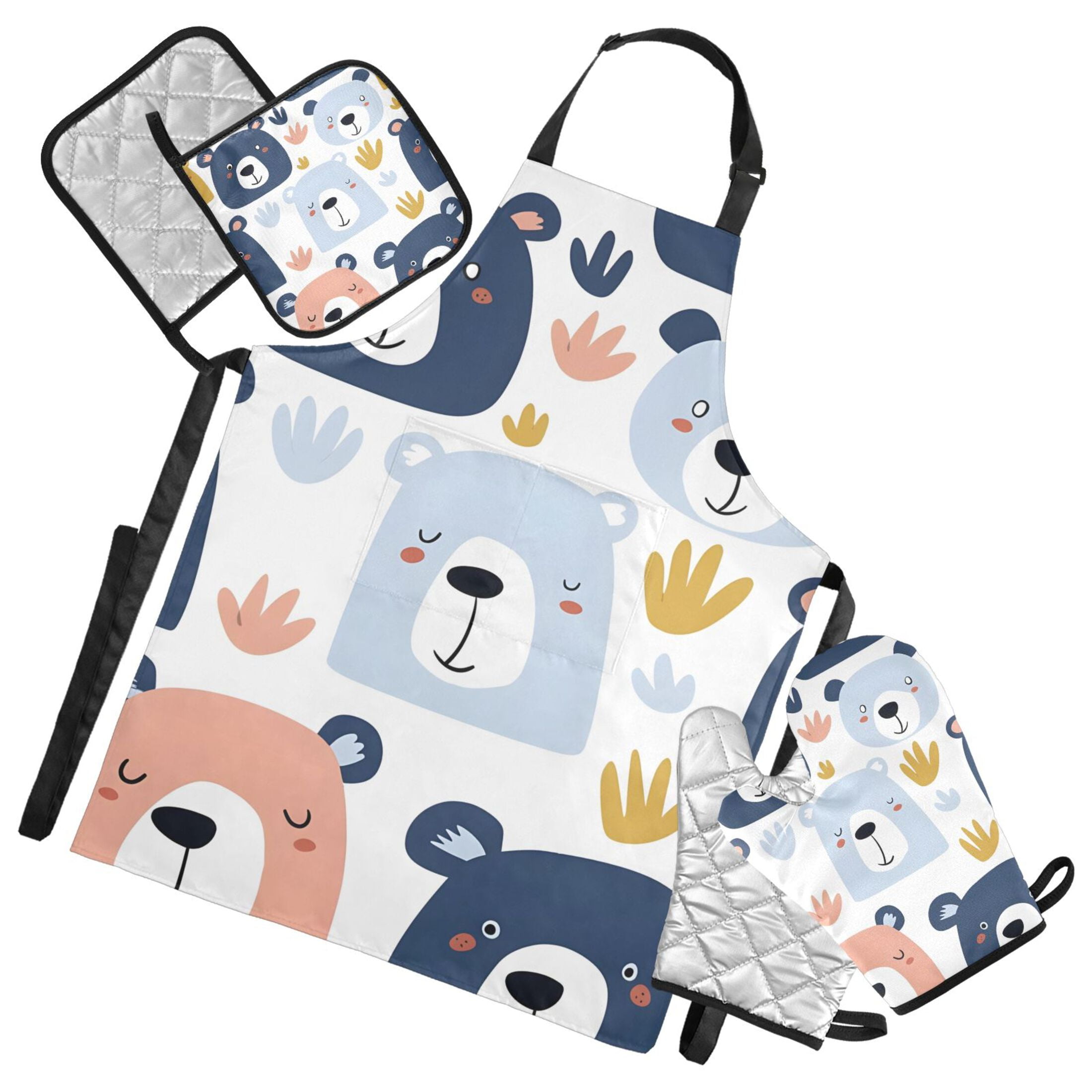 Cute Cartoon Bear on Grassland Apron Set with Oven Mitts Pot Holders ...