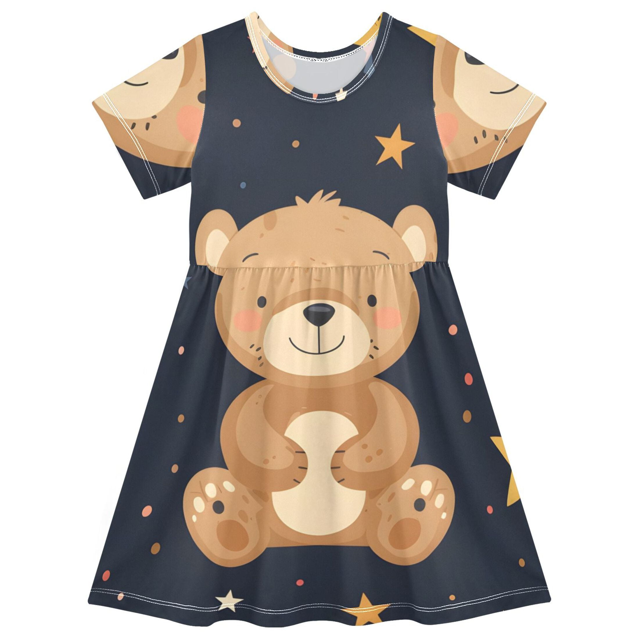 Cute Cartoon Bears with Stars Girls' Short Sleeve Dress A-Line One ...