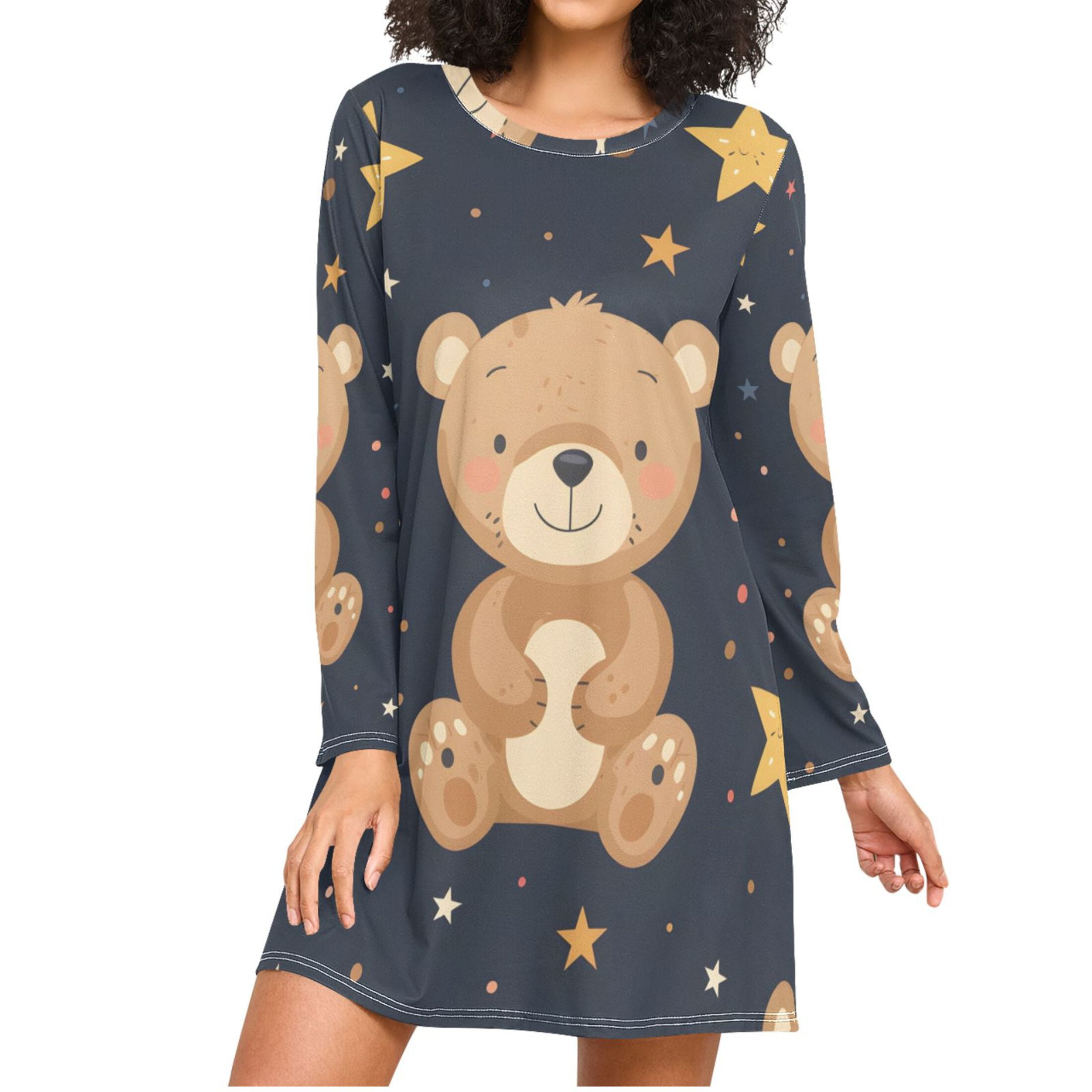 Cute Cartoon Bears with Stars Women's Long Sleeves Nightgowns Sleepwear ...