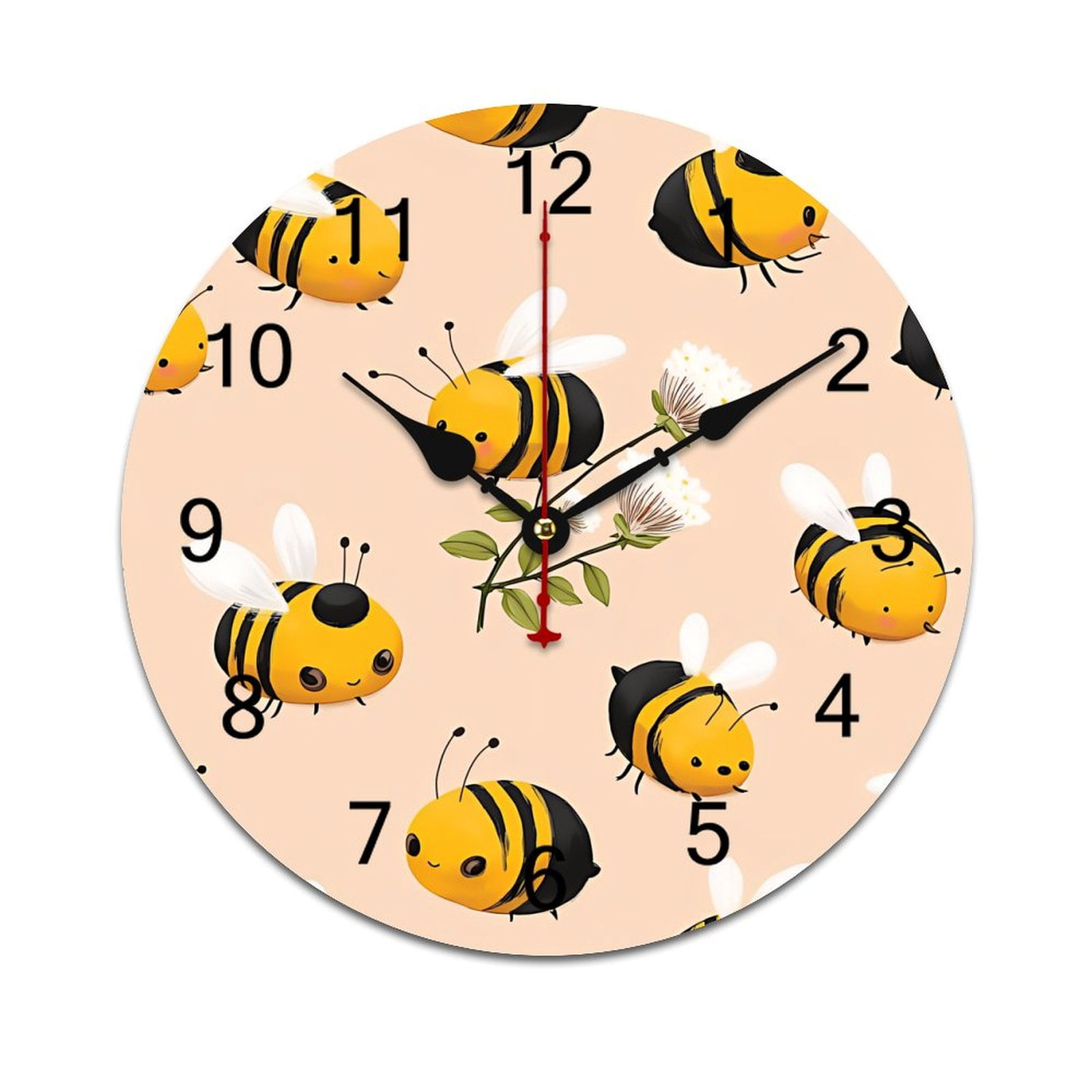 Cute Cartoon Bees And Flowers Printed Silent Wall Clock Round Kitchen ...