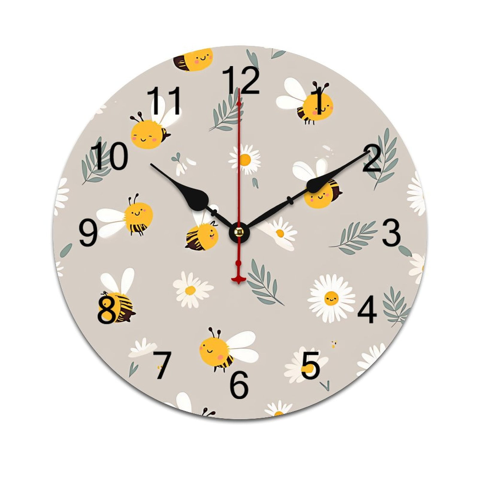 Cute Cartoon Bees And Flowers Printed Silent Wall Clock Round Kitchen ...