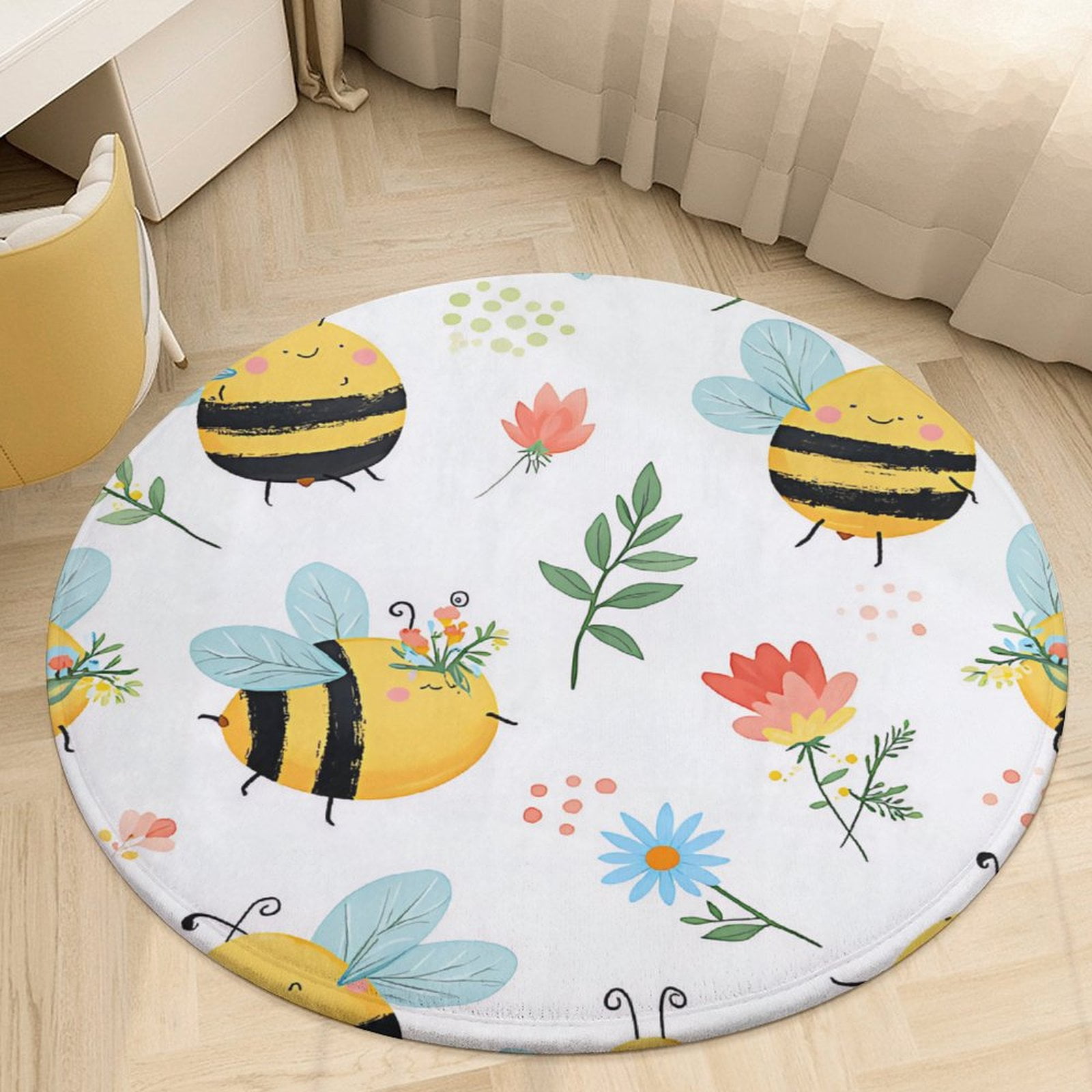 Cute Cartoon Bees And Flowers Round Area Rugs for Bedroom Living Room ...