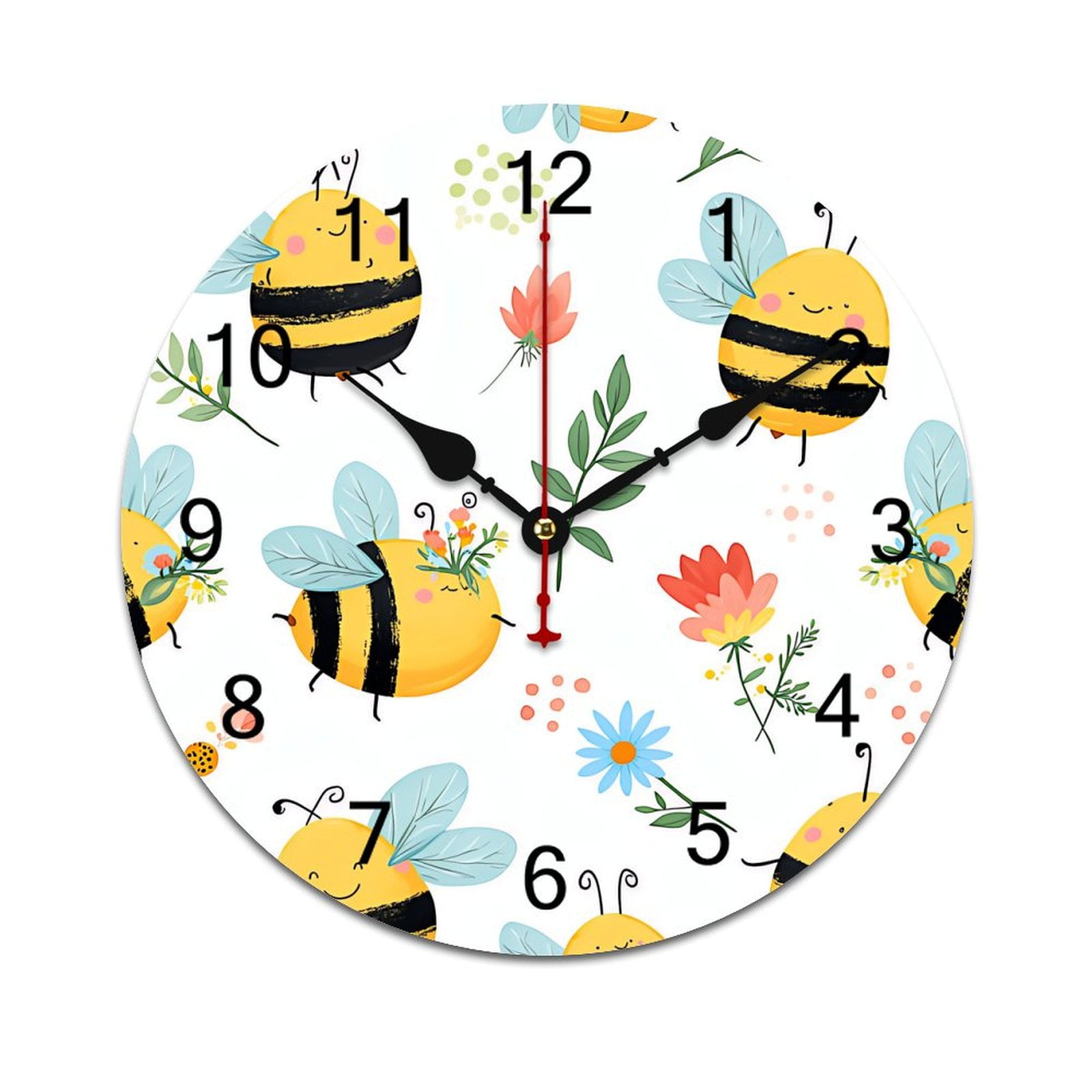Cute Cartoon Bees And Flowers Word Saying Big Wall Clock Home Decor Art ...