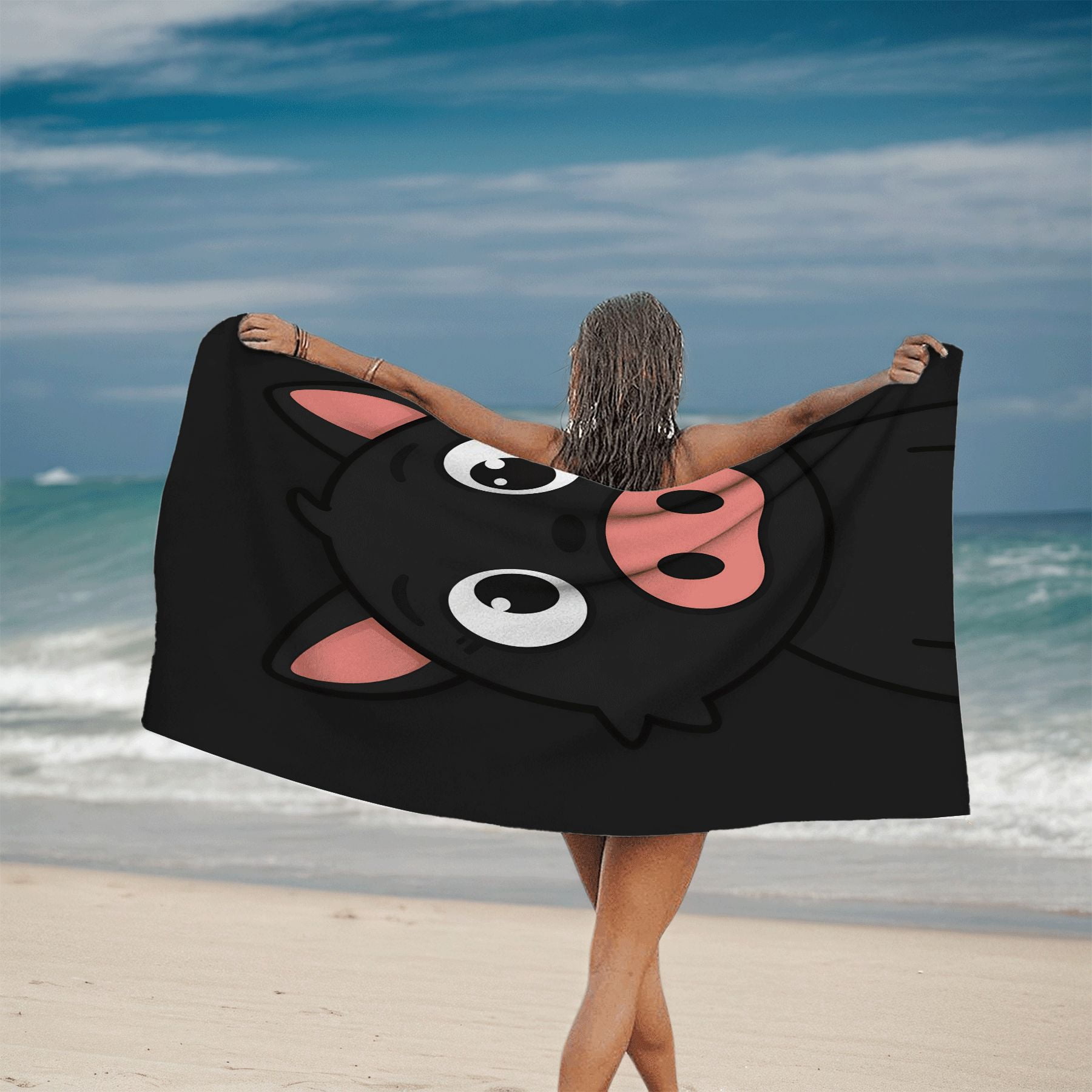 Cute Cartoon Black Animal Beach Towel - Large Expressive Eyes & Pink ...