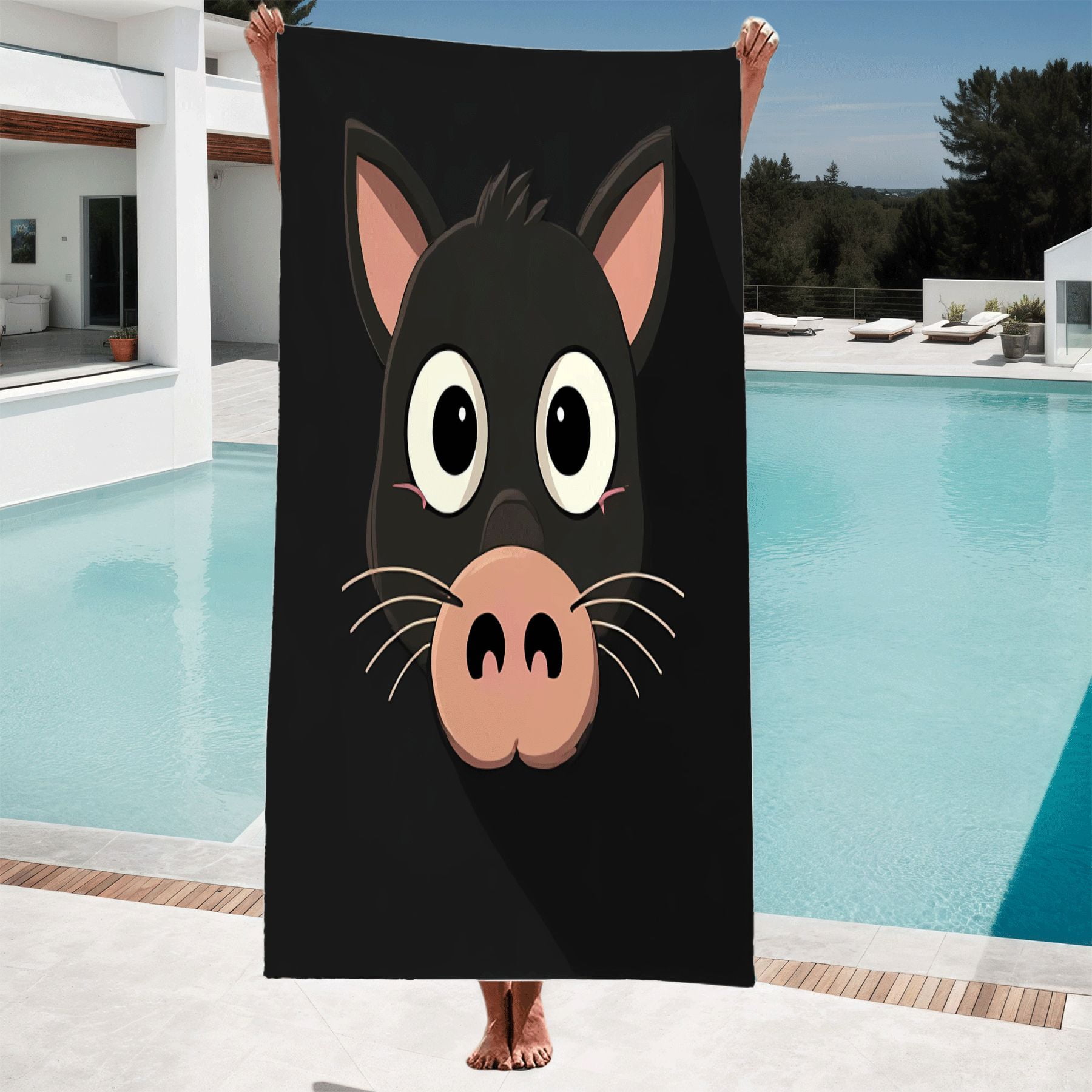 Cute Cartoon Black Animal Beach Towel - Playful Design with Large Eyes ...