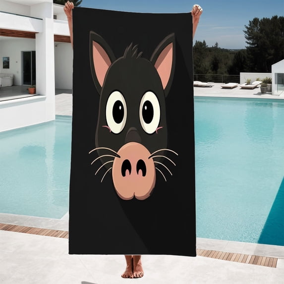 Cute Cartoon Black Animal Beach Towel - Playful Design with Large Eyes ...