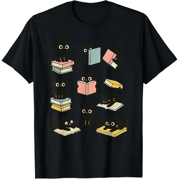 Cute Cartoon Black Cats Reading Book Unisex Graphic Short Sleeve T ...